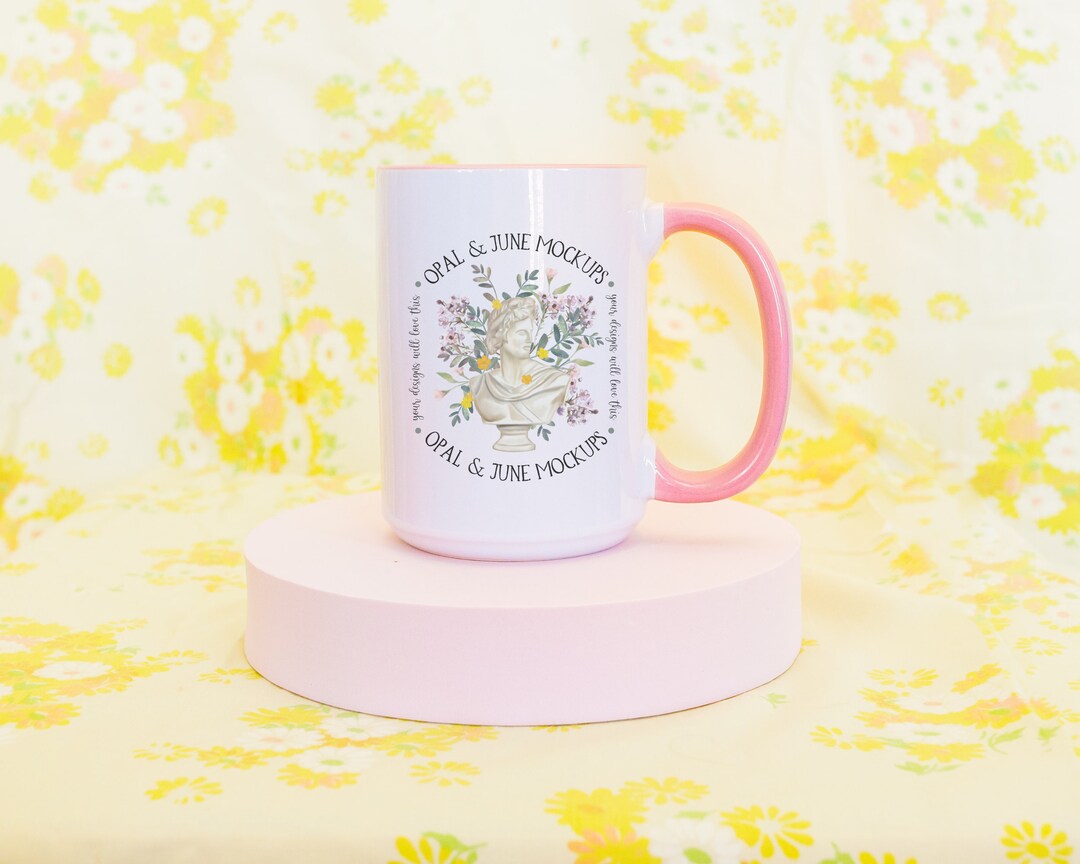 15 Oz Mug Mockup of Coffee Mug With Pink Handle and Interior | Styled ...