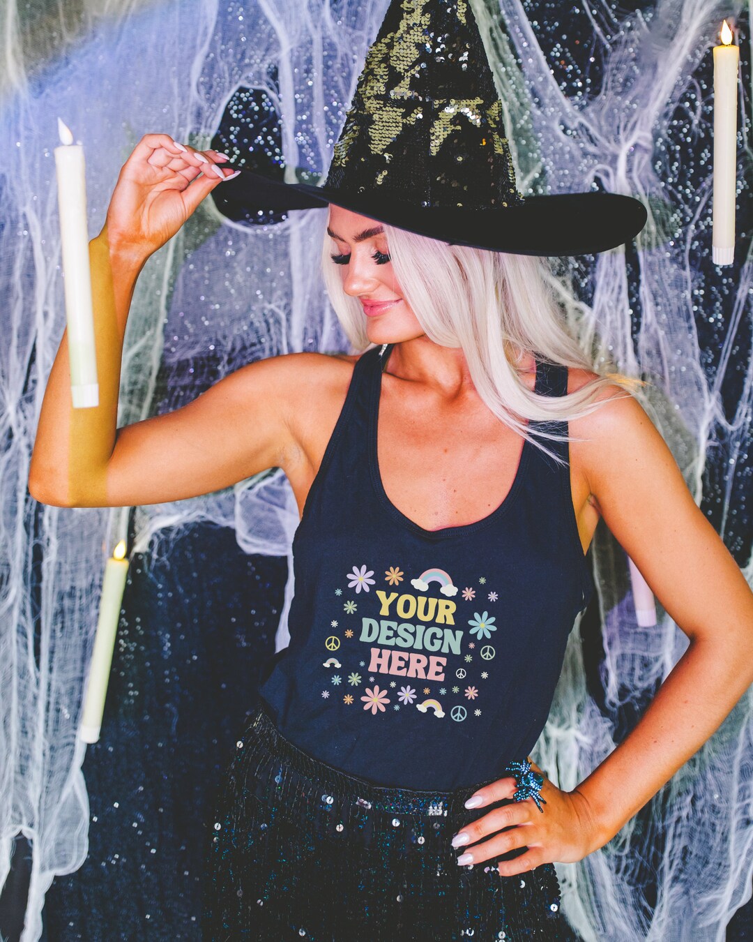 Black Tank Top Mockup for Halloween: Photo of Model Wearing Black Next ...