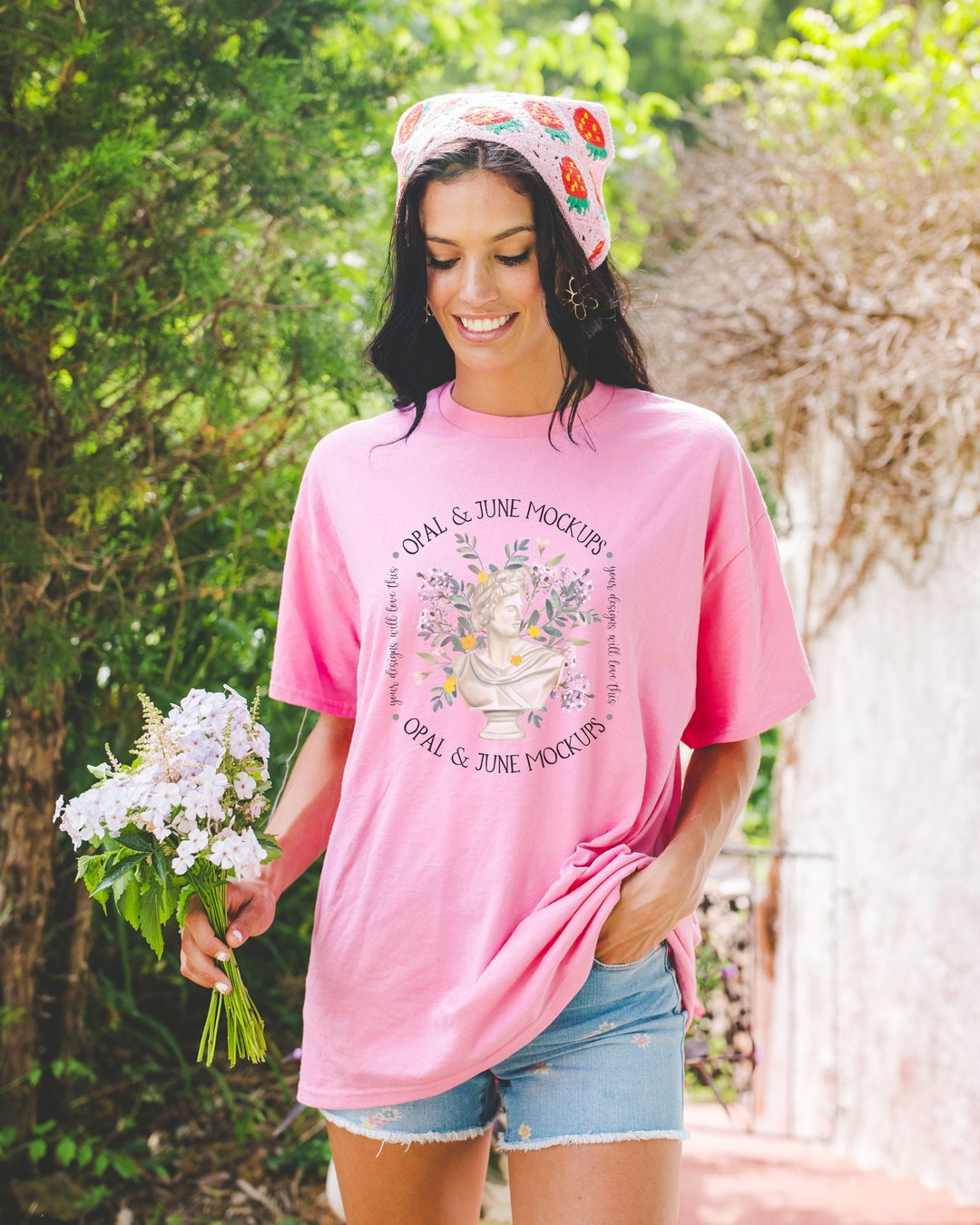 Azalea Shirt Mockup: Colorful Photo of Model Wearing Azalea Gildan 2000 ...