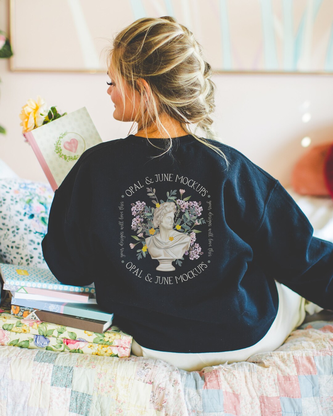 Black Back of Sweatshirt Mockup: Photo of Model Wearing Black Gildan ...