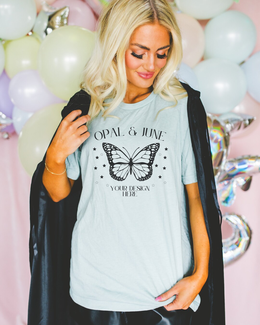 Dusty Blue Shirt Mockup for Halloween: Photo of Model Wearing Dusty ...