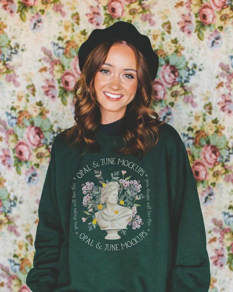 Forest Green Gildan 18000 Sweatshirt Mockup: Floral Backdrop (PNG File ...