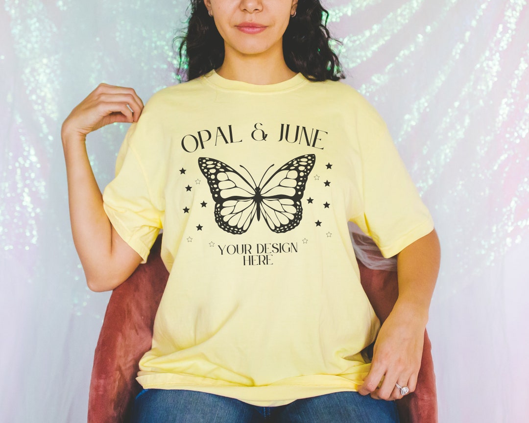 Mockup of Butter Yellow Tee Shirt: Colorful Photograph of Model Wearing ...