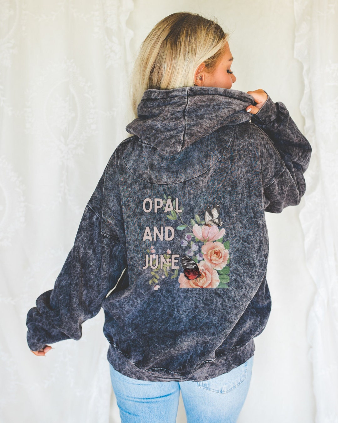 Mineral Black Back of Hoodie Mockup: Photo of Model Wearing Black ...