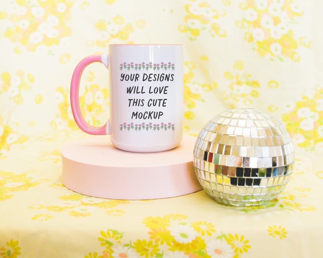 15 Oz Mug Mockup of Coffee Mug With Pink Handle and Interior | Styled ...