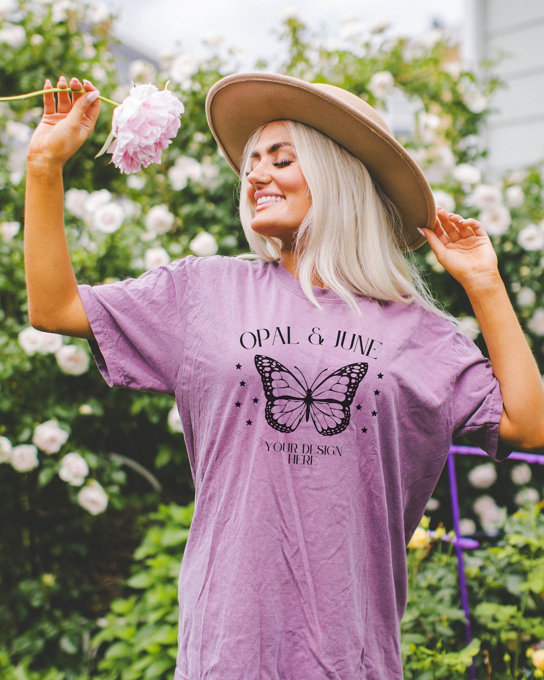 Berry Shirt Mockup: Photo of Model Wearing Berry Comfort Colors® 1717 ...