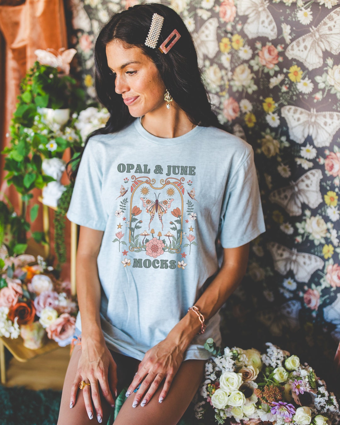 Heather Ice Blue Mockup: Colorful Photo of Model Wearing Heather Ice ...