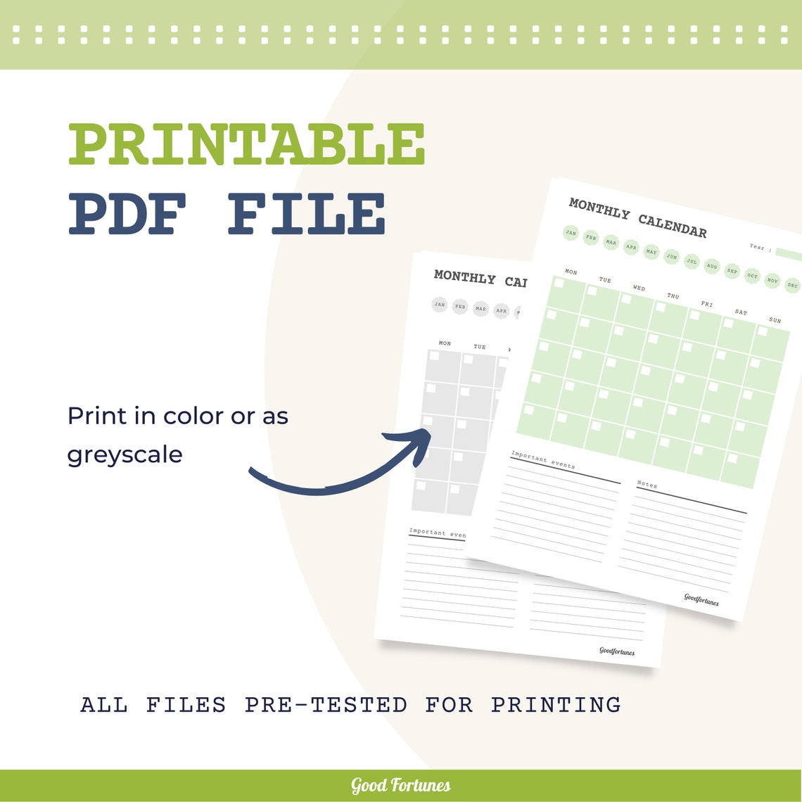 Undated Monthly Calendar Printable, Print in Color or Black & White ...