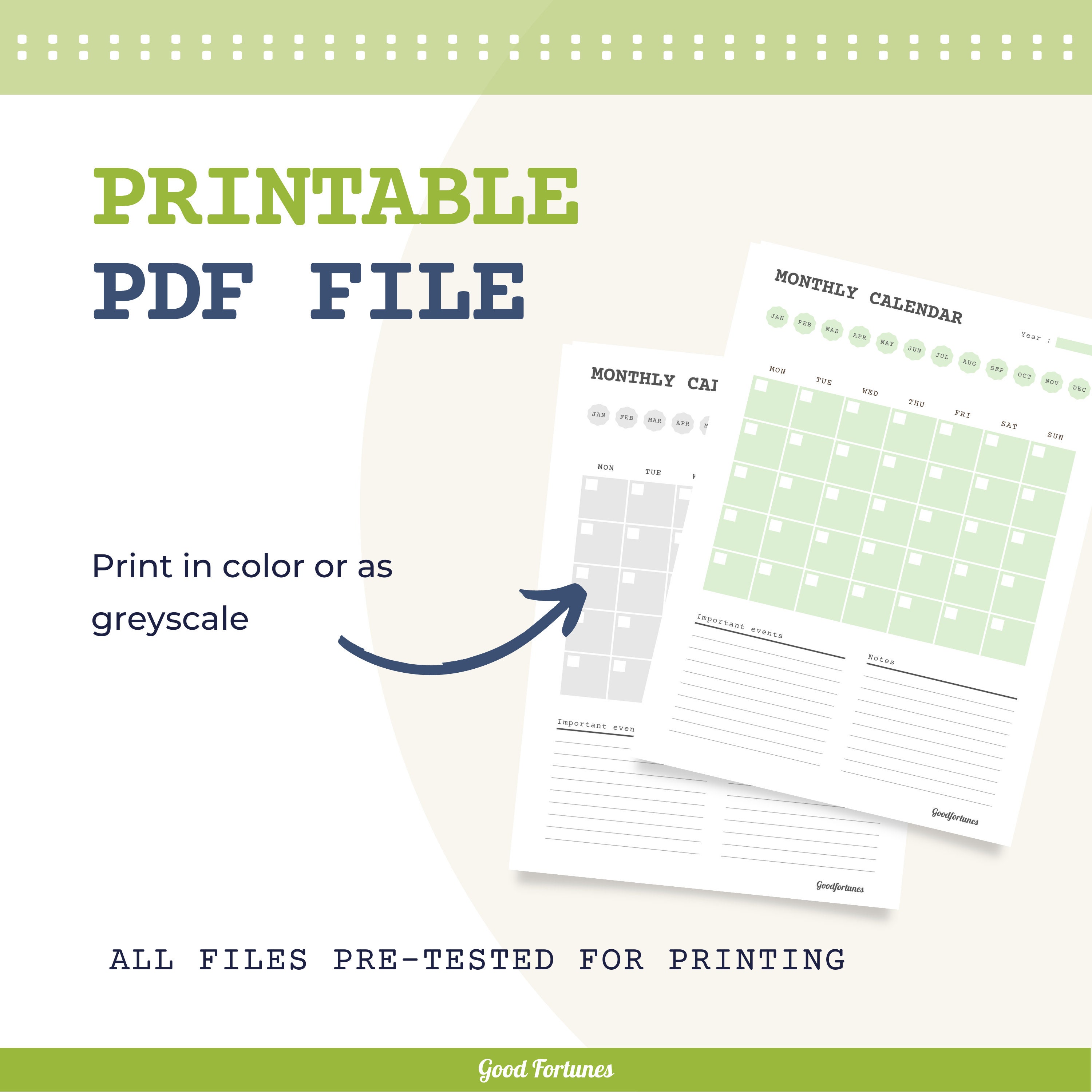 Undated Monthly Calendar Printable, Print in Color or Black & White ...