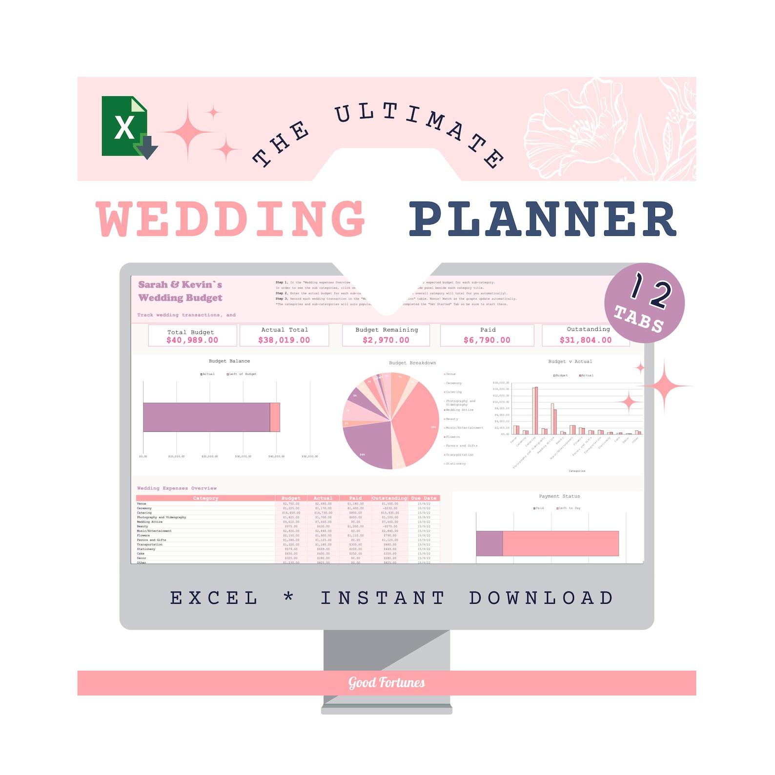 Excel Wedding Planner Spreadsheet: Budget, Guest List, Seating (digital ...