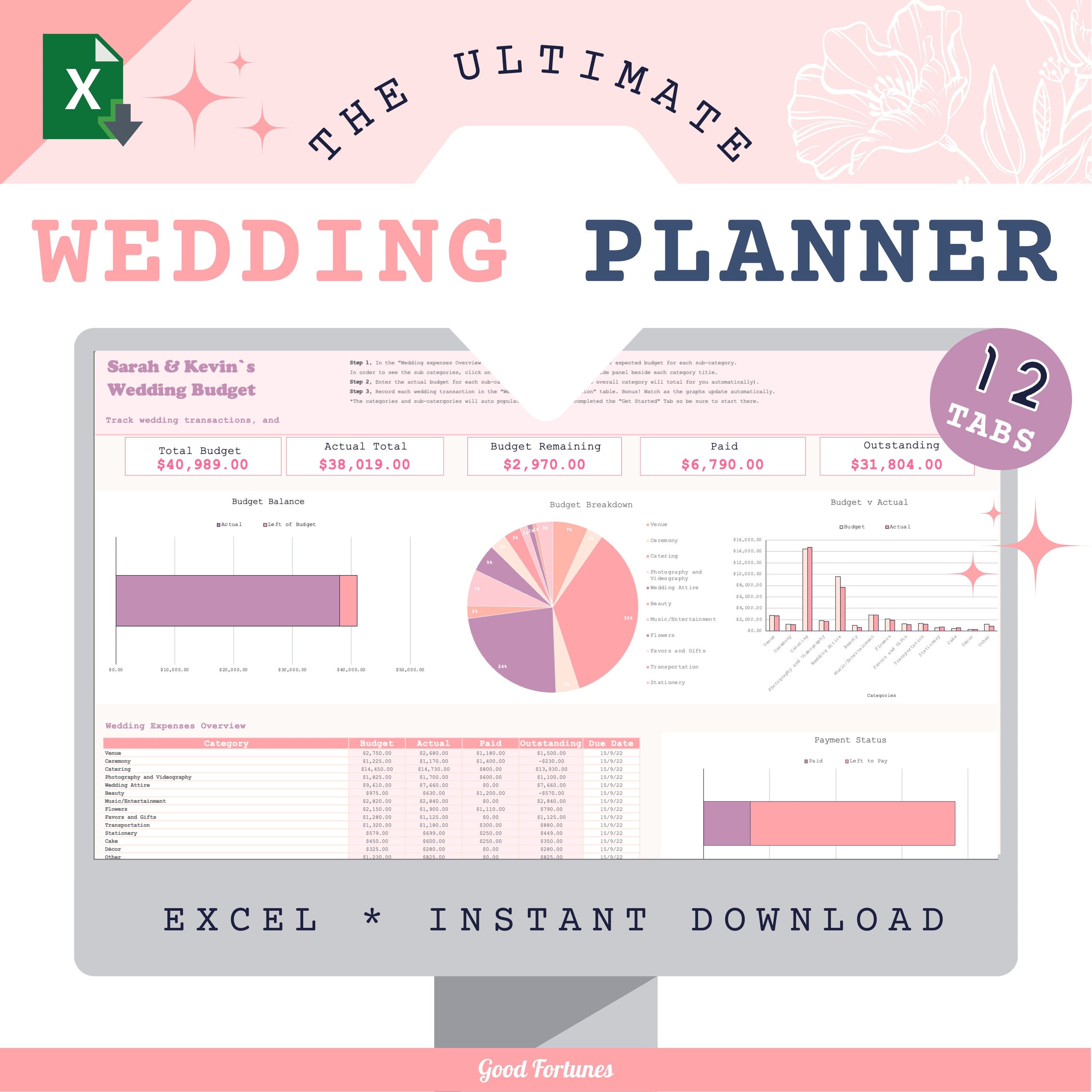 Excel Wedding Planner Spreadsheet Digital Wedding Budget Wedding ...