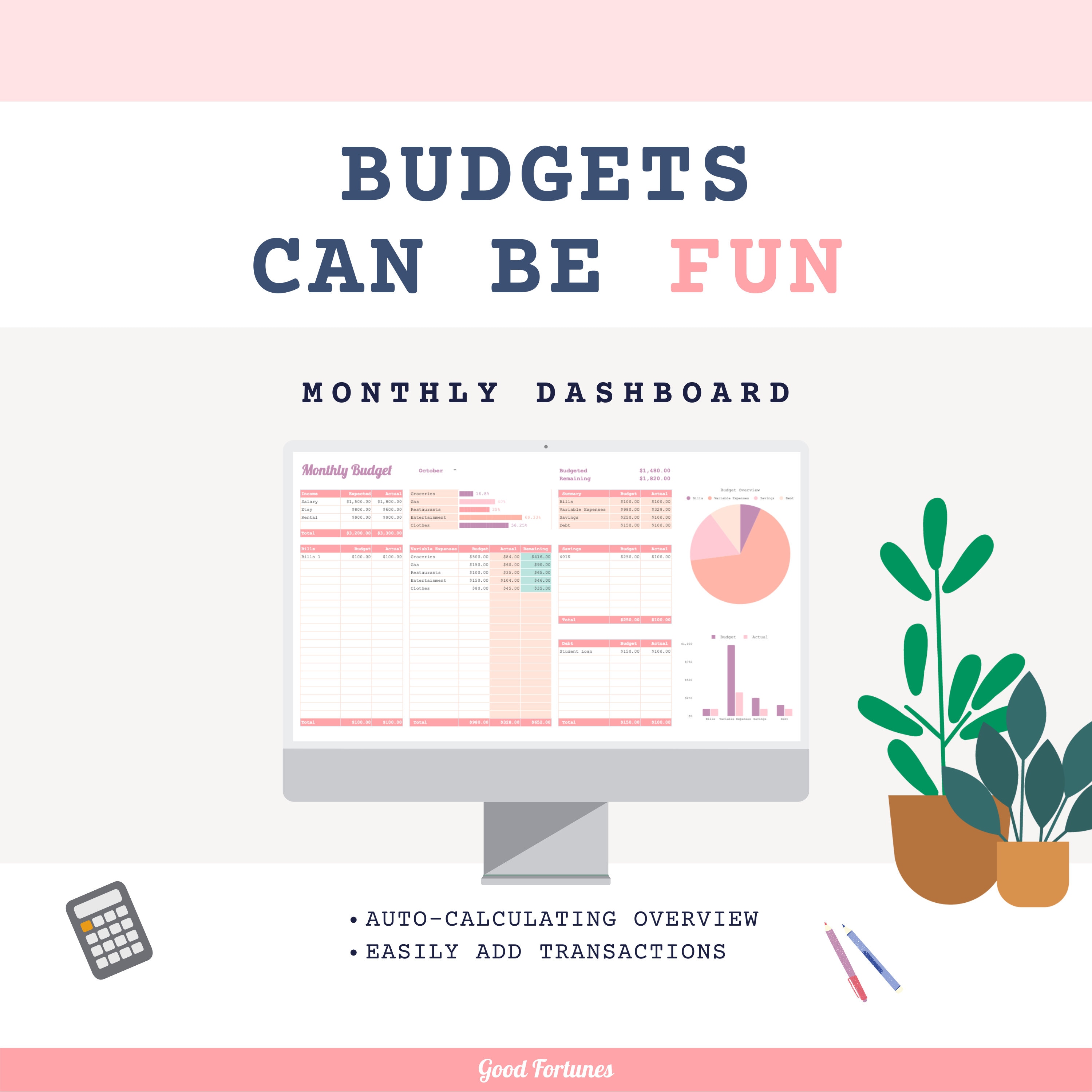 Simple Monthly Excel Budget Template Finance Budgeting Spreadsheet for ...