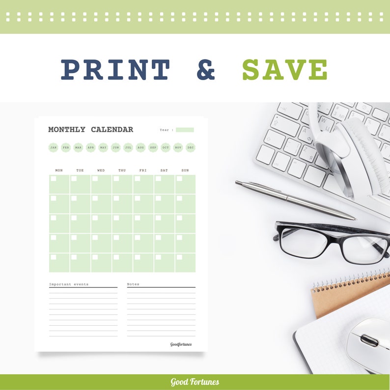 Undated Monthly Calendar Printable, Print in Color or Black & White ...