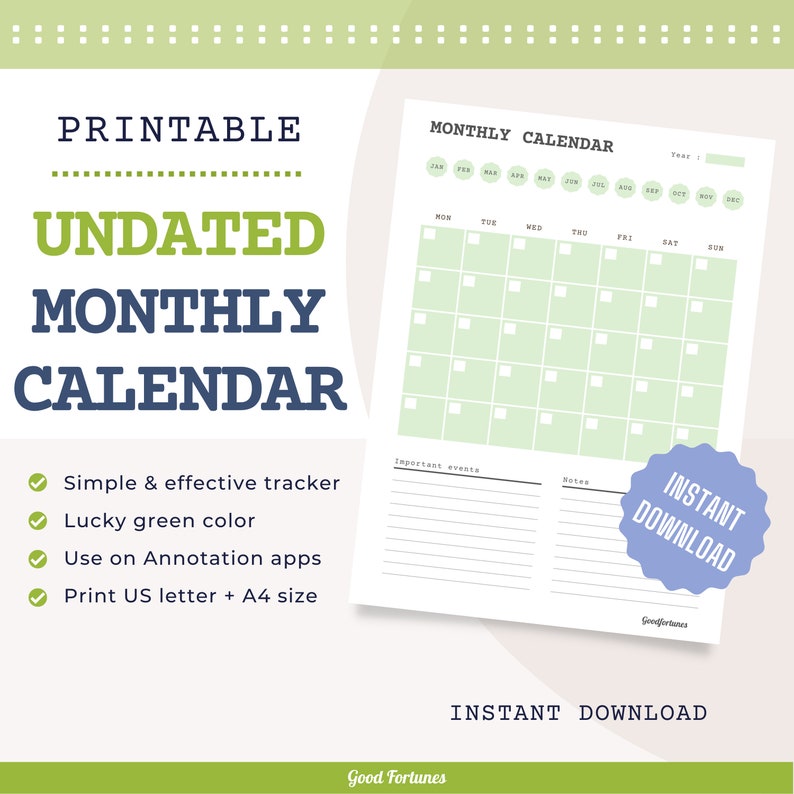 Undated Monthly Calendar Printable, Print in Color or Black & White ...