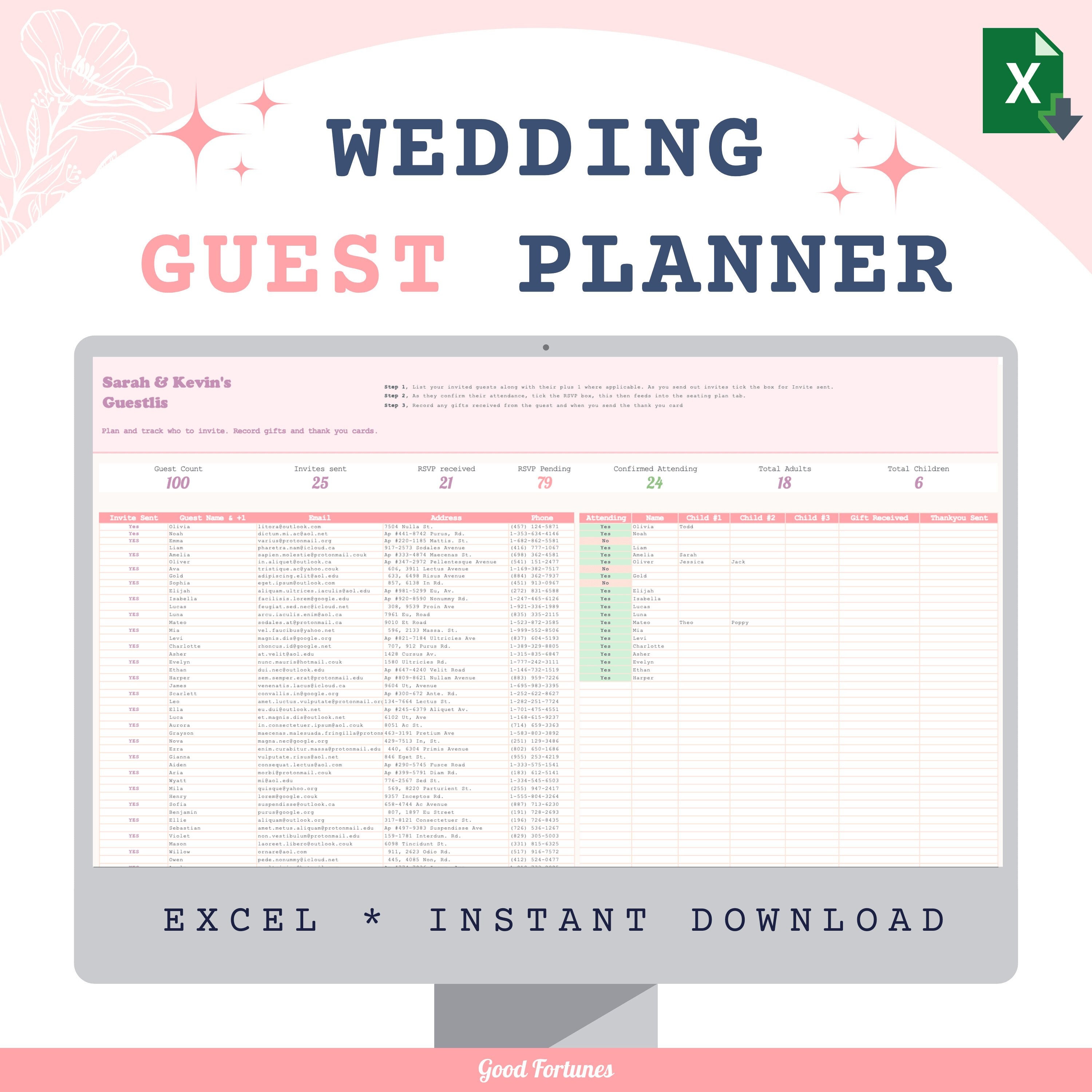 Excel Wedding Planner Wedding Guest List Excel Seating Plan Excel RSVP ...