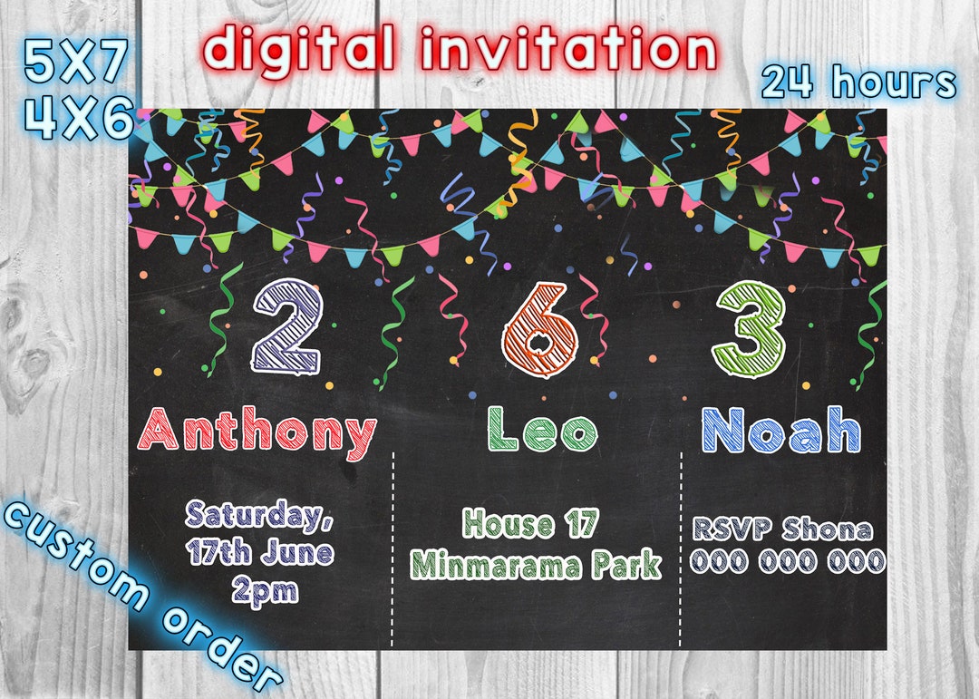 Triple Birthday Invitation, Sibling Birthday Invitation, Joint ...