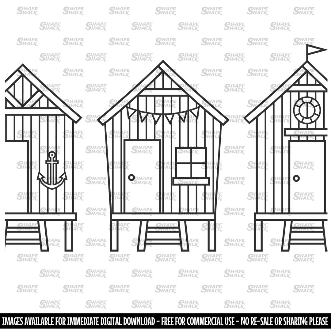 Beach Huts | Seaside | Clipart Symbol Silhouette Outline Line Drawing ...
