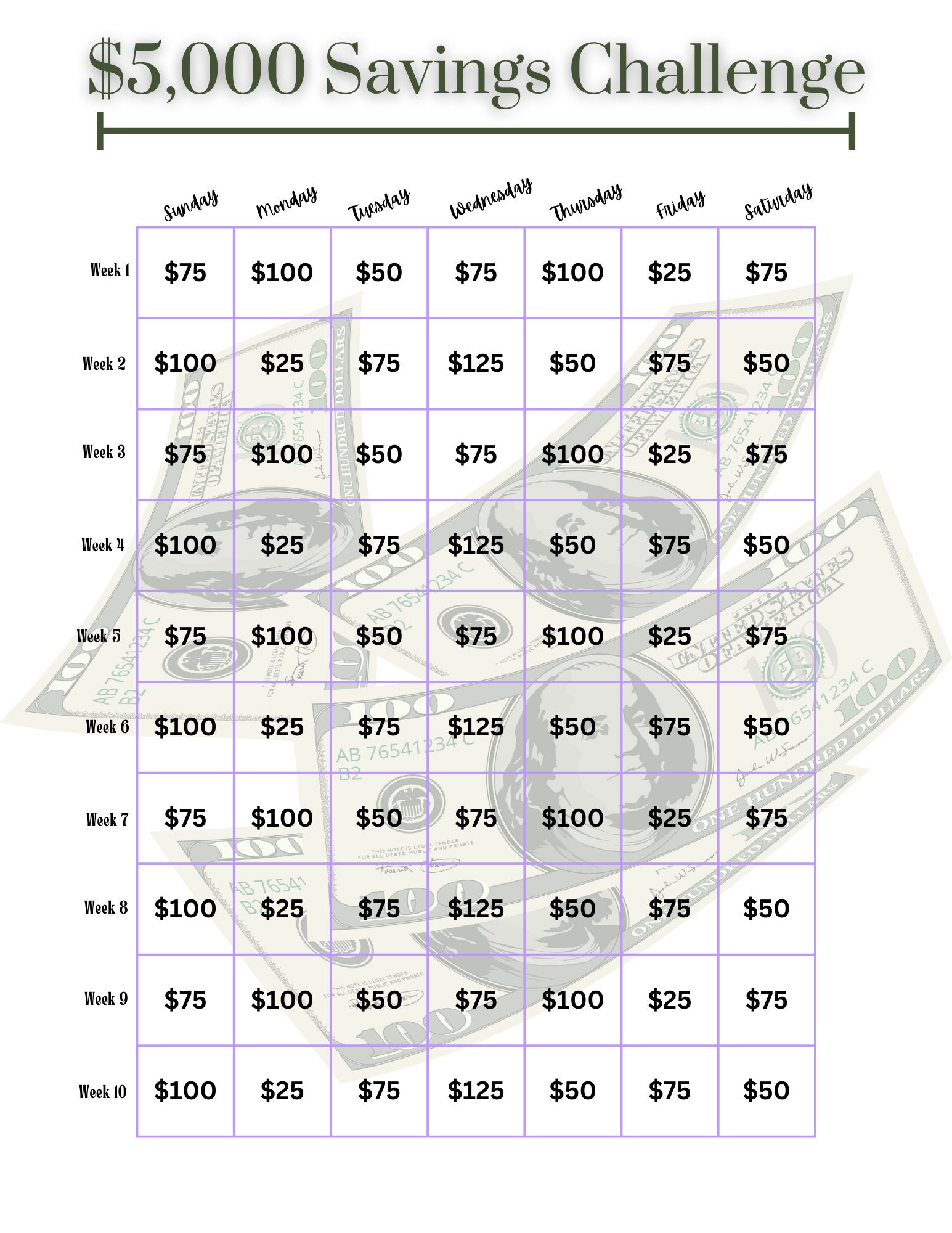 5k Money Saving Challenge Printable / Downloadable Digital File to Save ...
