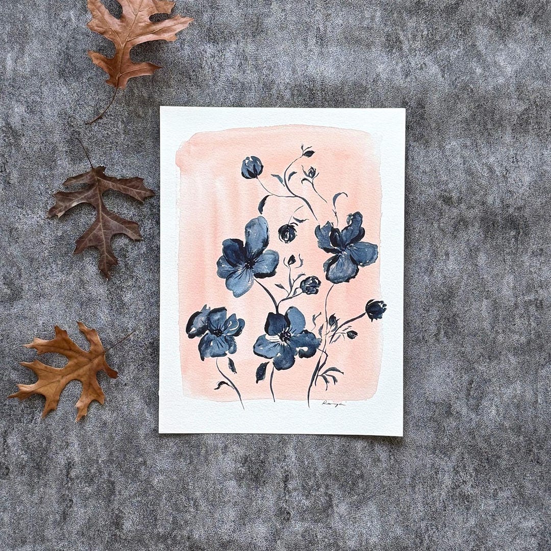 Original Monochrome Blue Poppy Painting - Etsy