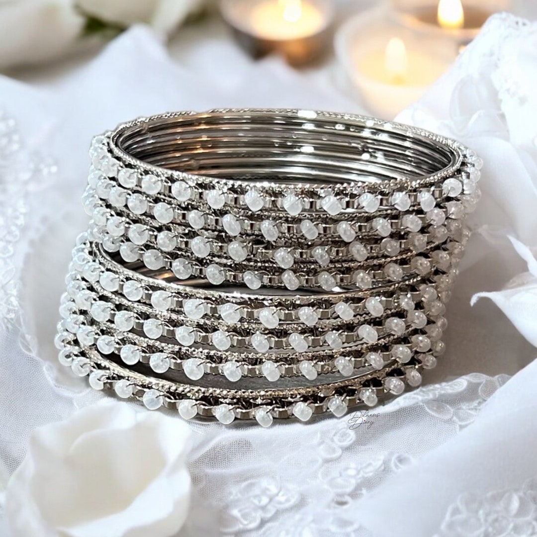 Indian / Pakistani White/ Silver Bangle Set | White Bangles | Silver ...