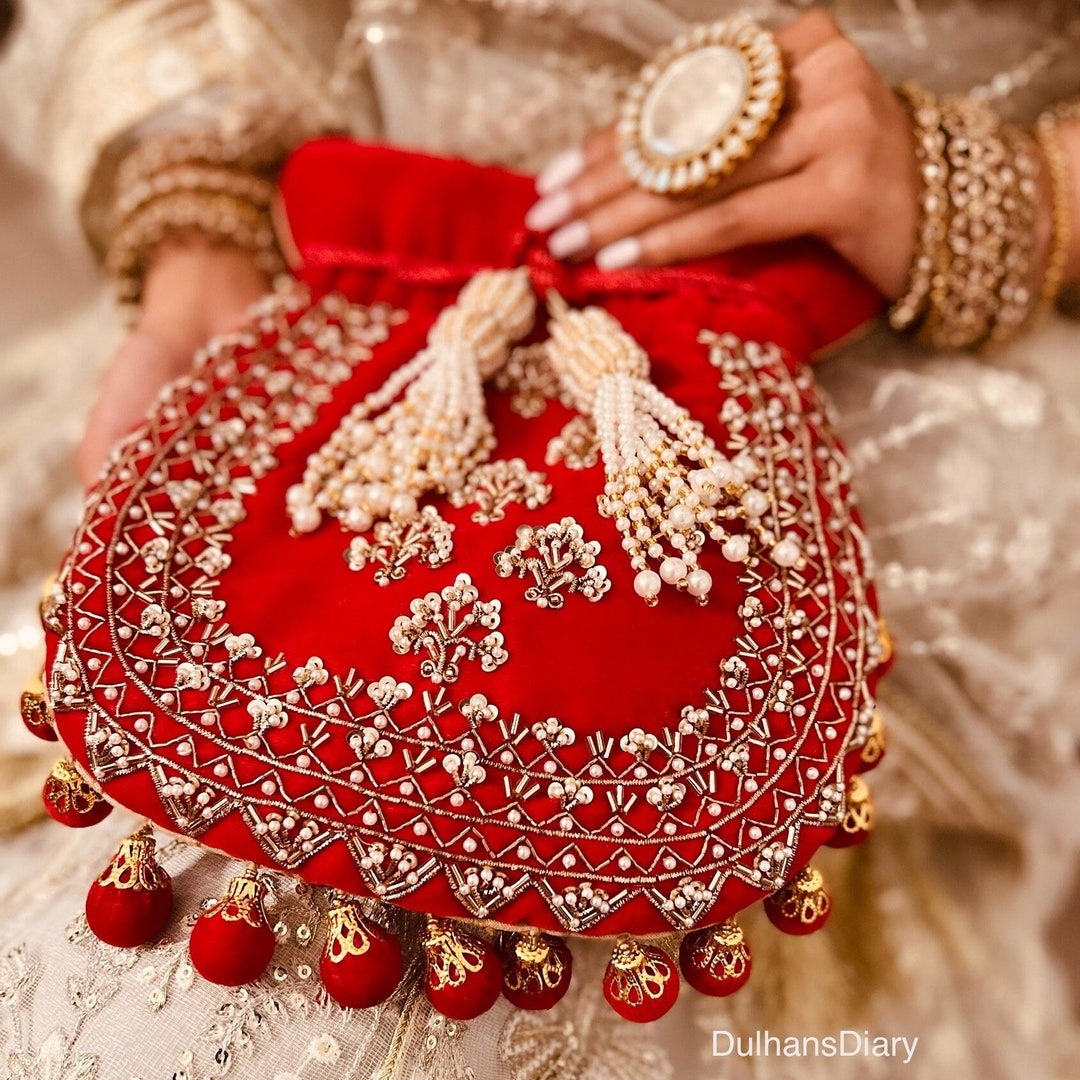 Red Velvet Bridal Potli Bag: Embroidered Indian Wedding Clutch - Etsy