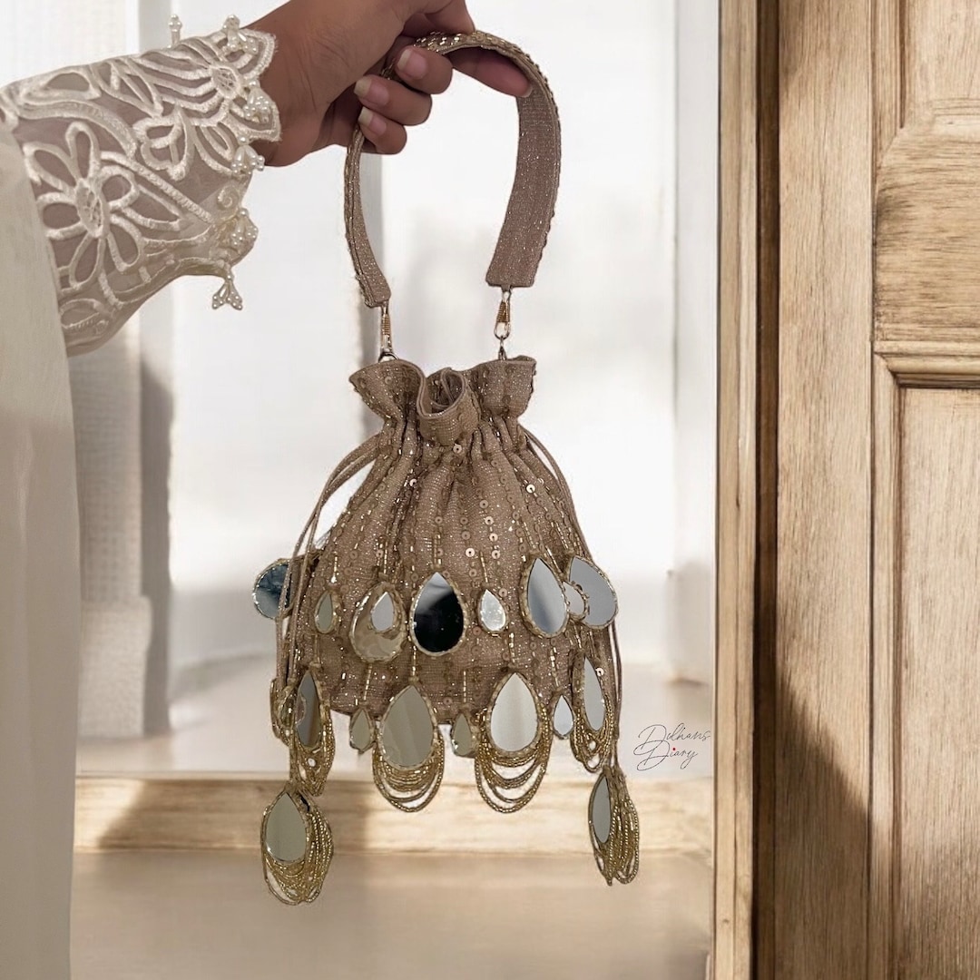 Twinkle Mirror Potli| Champagne Bridal Potli Bag | Bridal Purse | Gold ...