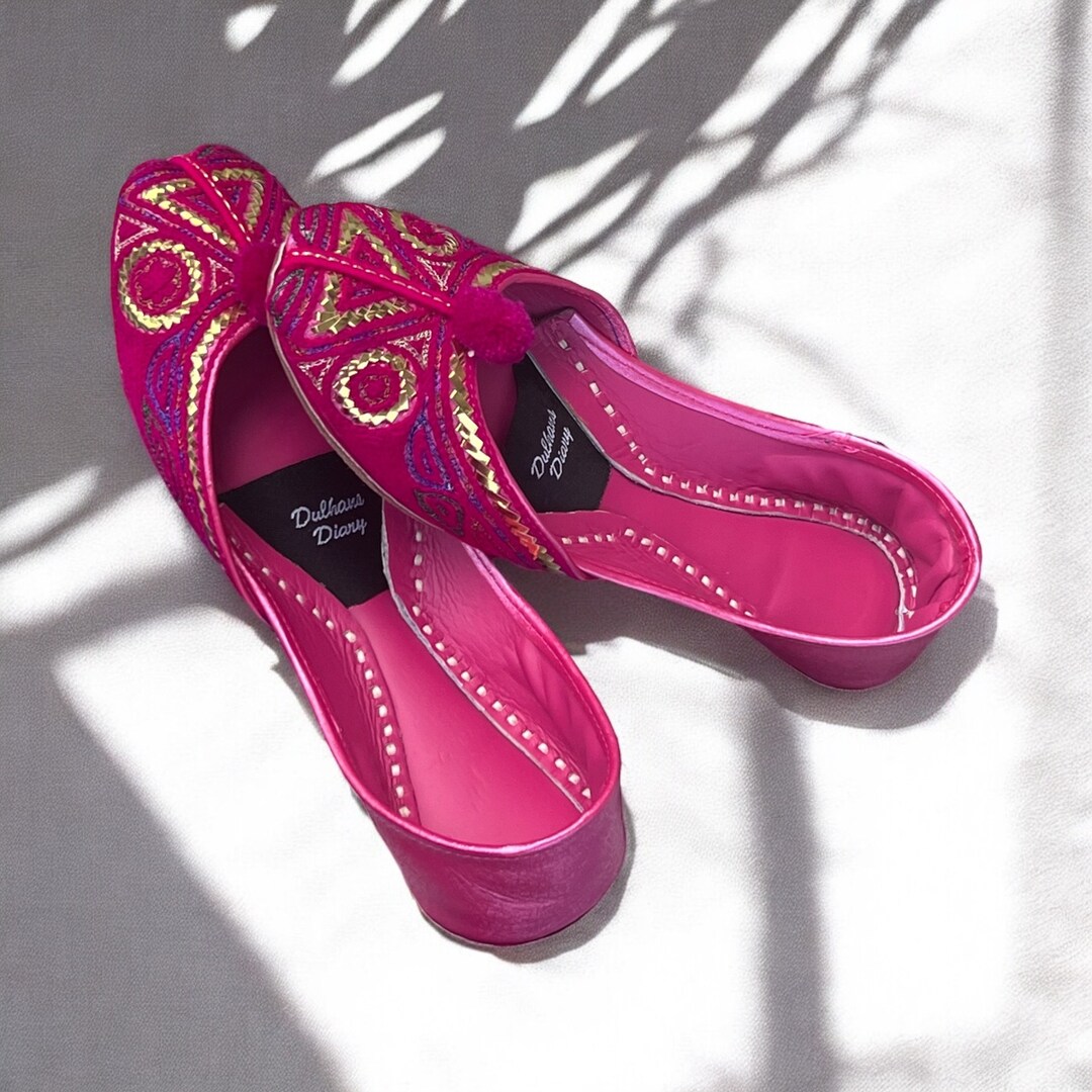 Handmade Fuchsia Khussa Jutti: Embroidered Indian Flat Shoes - Etsy