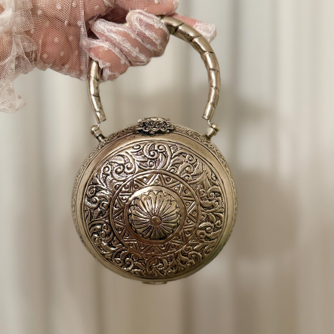 Silver Statement Clutch: Round Brass Mini Handbag With Velvet Lining - Etsy