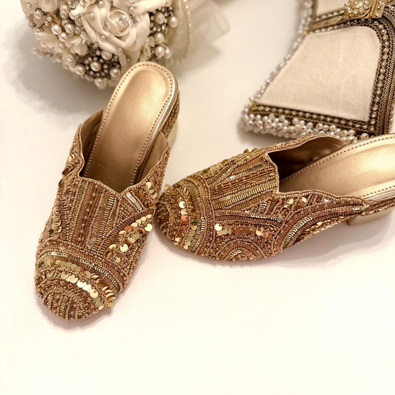 Handmade Gold Bridal Mules: Beaded Raw Silk Block Heels - Etsy
