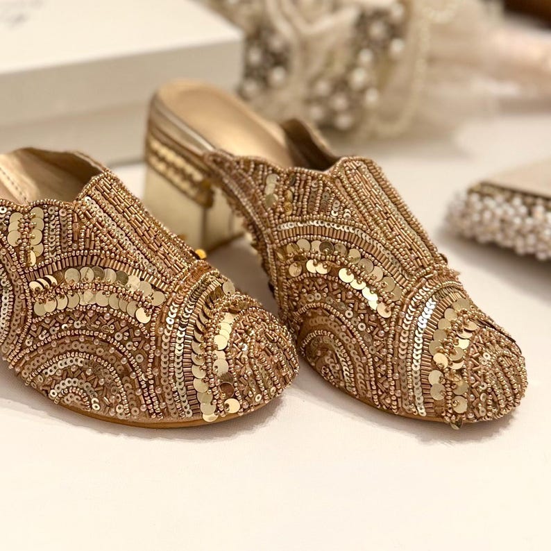 Handmade Gold Bridal Mules: Beaded Raw Silk Block Heels - Etsy