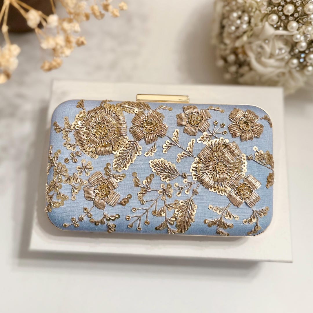 Powder Blue Bridal Clutch: Handmade Zardozi Floral Embroidery - Etsy
