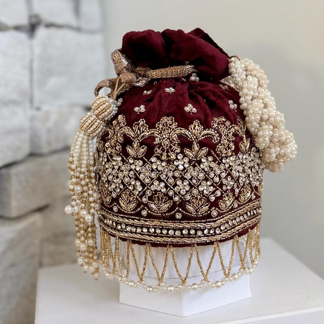 Deep Red Maroon Velvet Bridal Potli Bag: Indian Wedding Handbag - Etsy