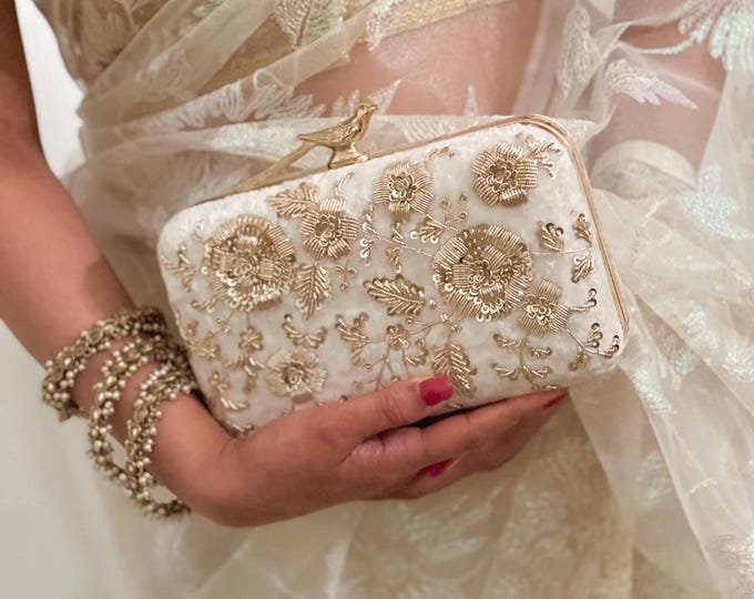 Ivory Bridal Clutch | White Brides Purse | Zardozi Work Wedding Day ...