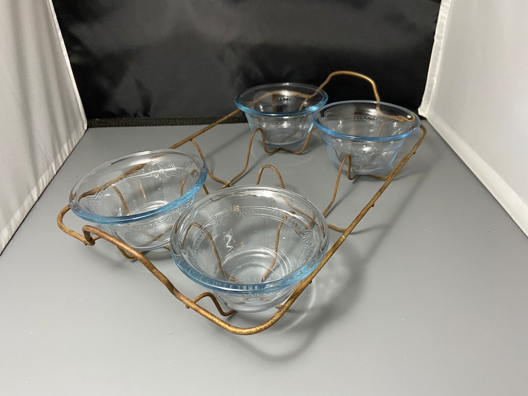 Glass Fire King Custard Bowls With Metal Rack / 4 Vintage Fire King ...