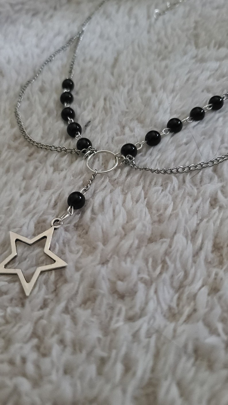 Silver Black Pearl Star Charm Chain Necklace - Etsy
