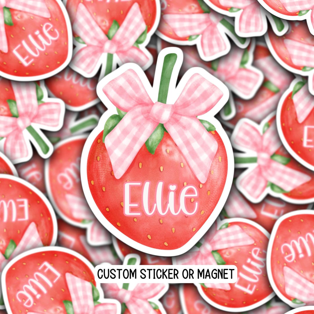 Custom Coquette Strawberry Name Sticker Magnet Custom Pink Bow Girlie ...