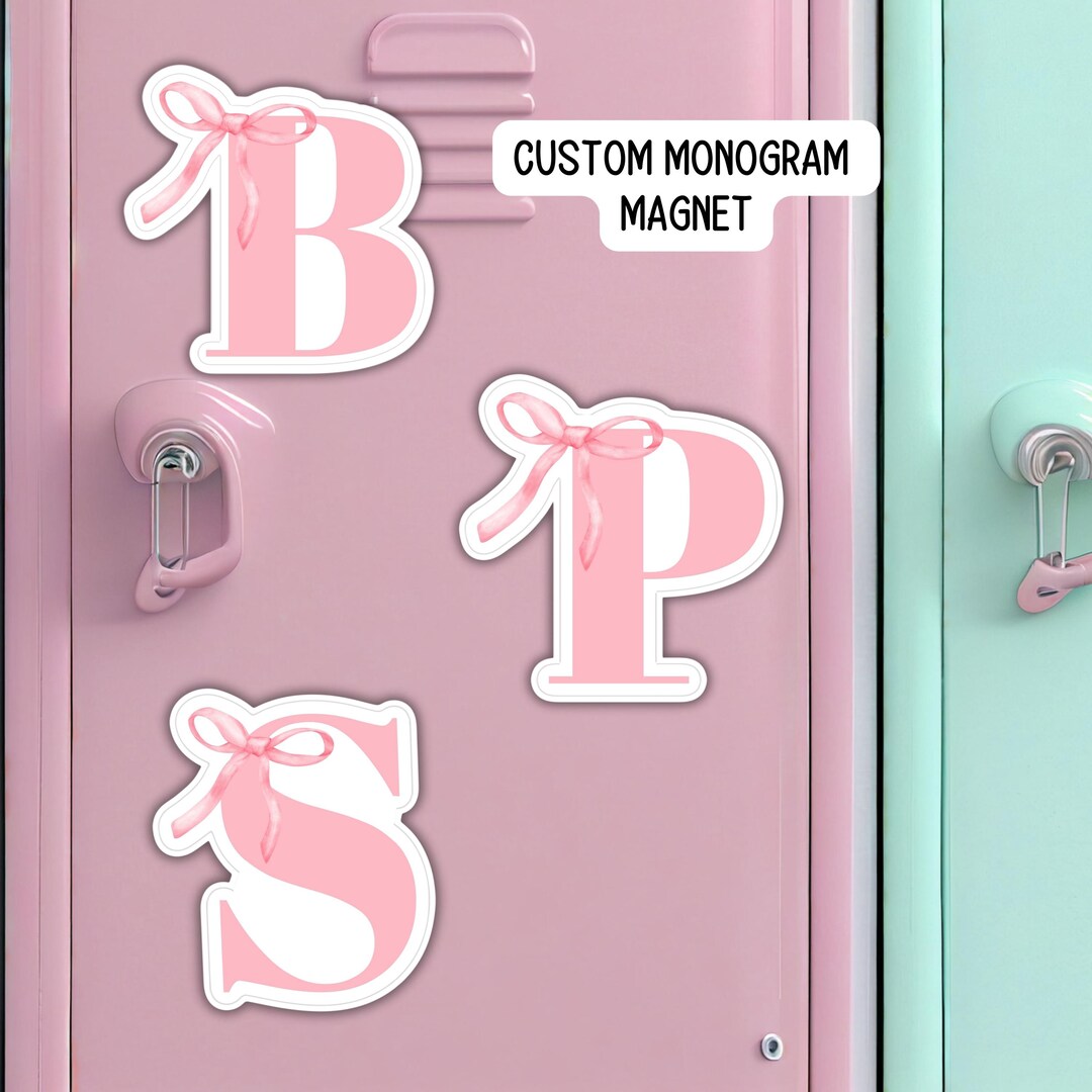 Monogram Letter Pink Coquette Ribbon Bow School Locker Magnet Custom ...