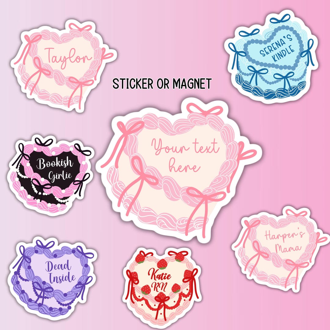 Custom Cake Sticker Coquette Magnet Pink Bow Girlie Personalized Text ...