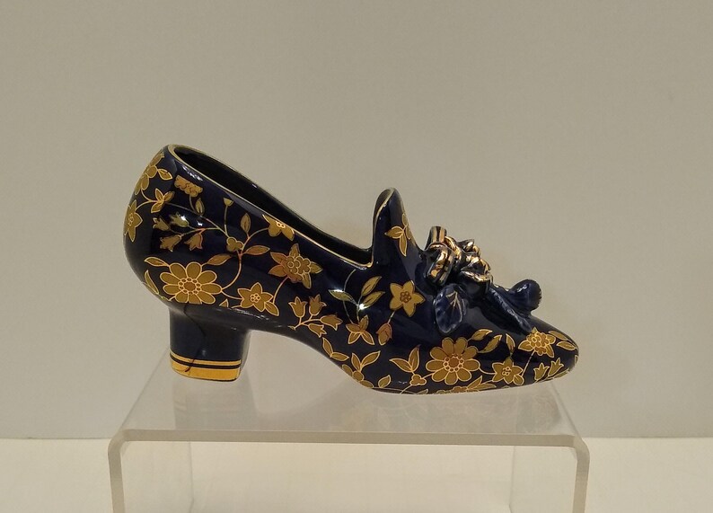 Vintage Blue Porcelain Shoe Figure With Gold Floral Design - Etsy
