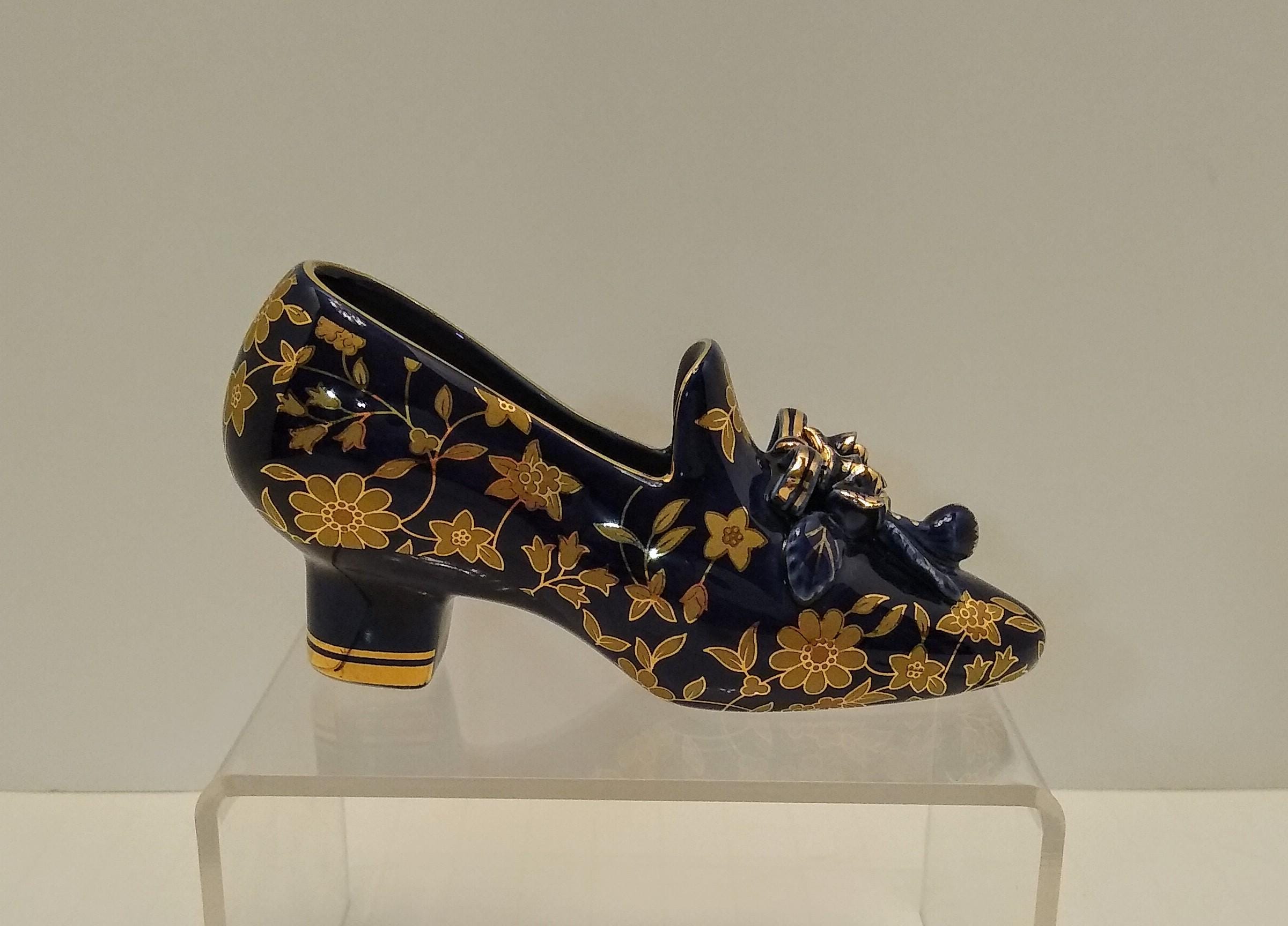 Vintage Blue Porcelain Shoe Figure With Gold Floral Design - Etsy