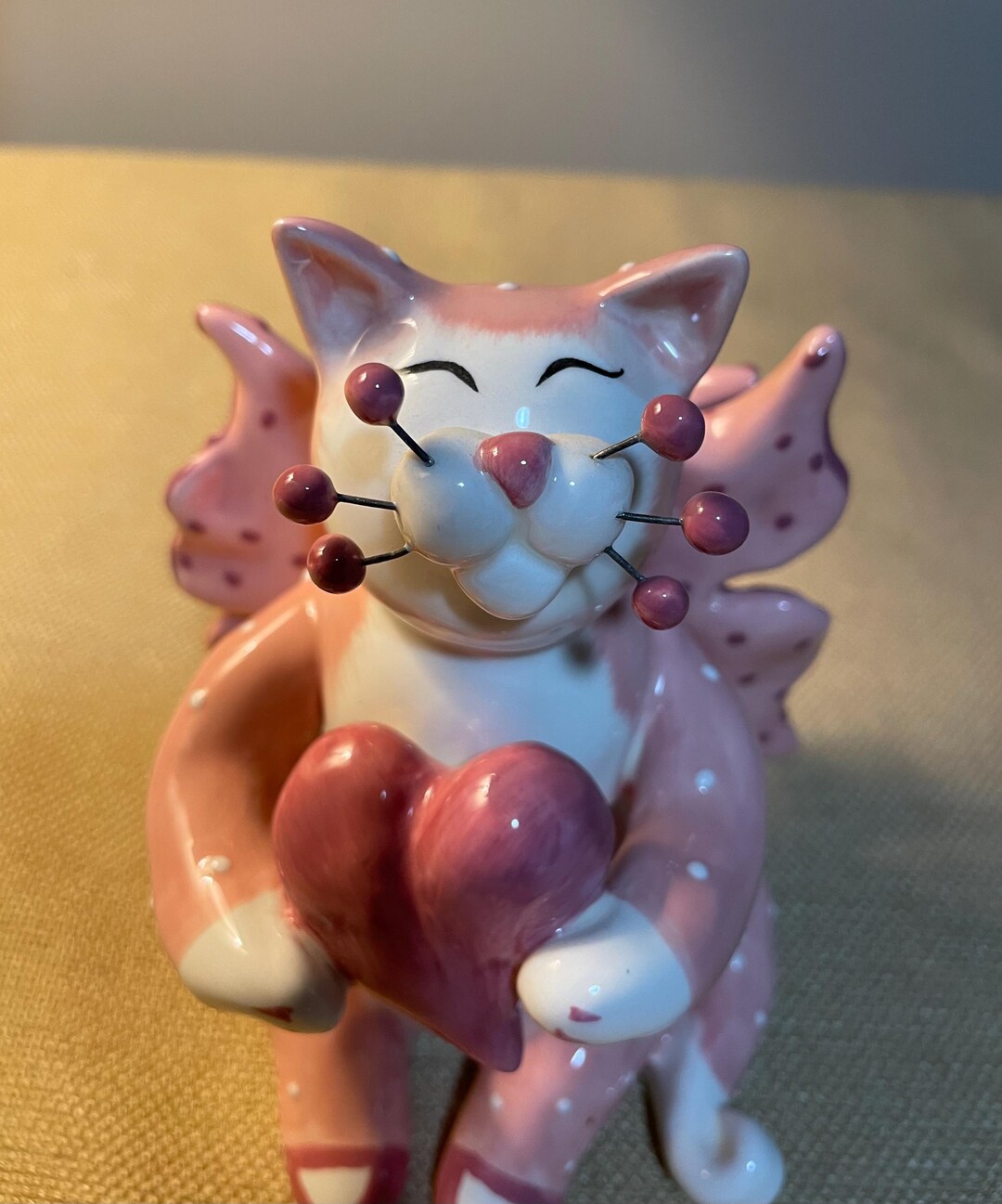 2003 Amy Lacombe Whimsiclay Cat Figurine PINK Heart & Wings Fairy Cat ...