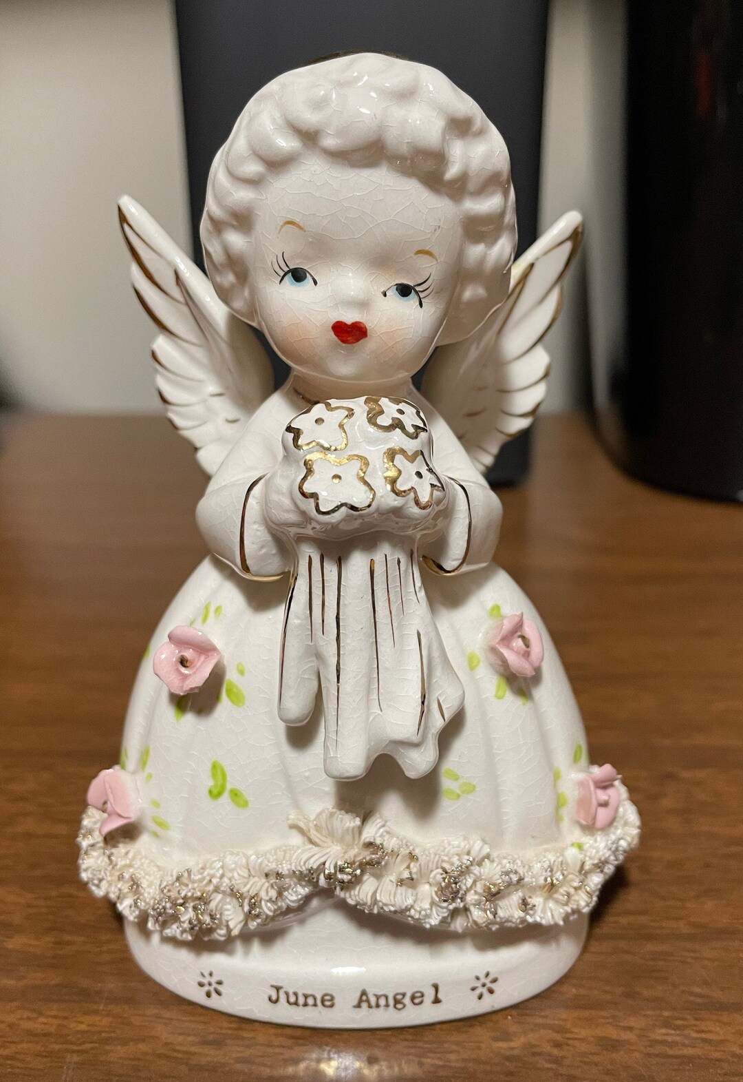 Vintage 5” Tall Ceramic June Angel Figurine, Spaghetti Trim, Gold ...