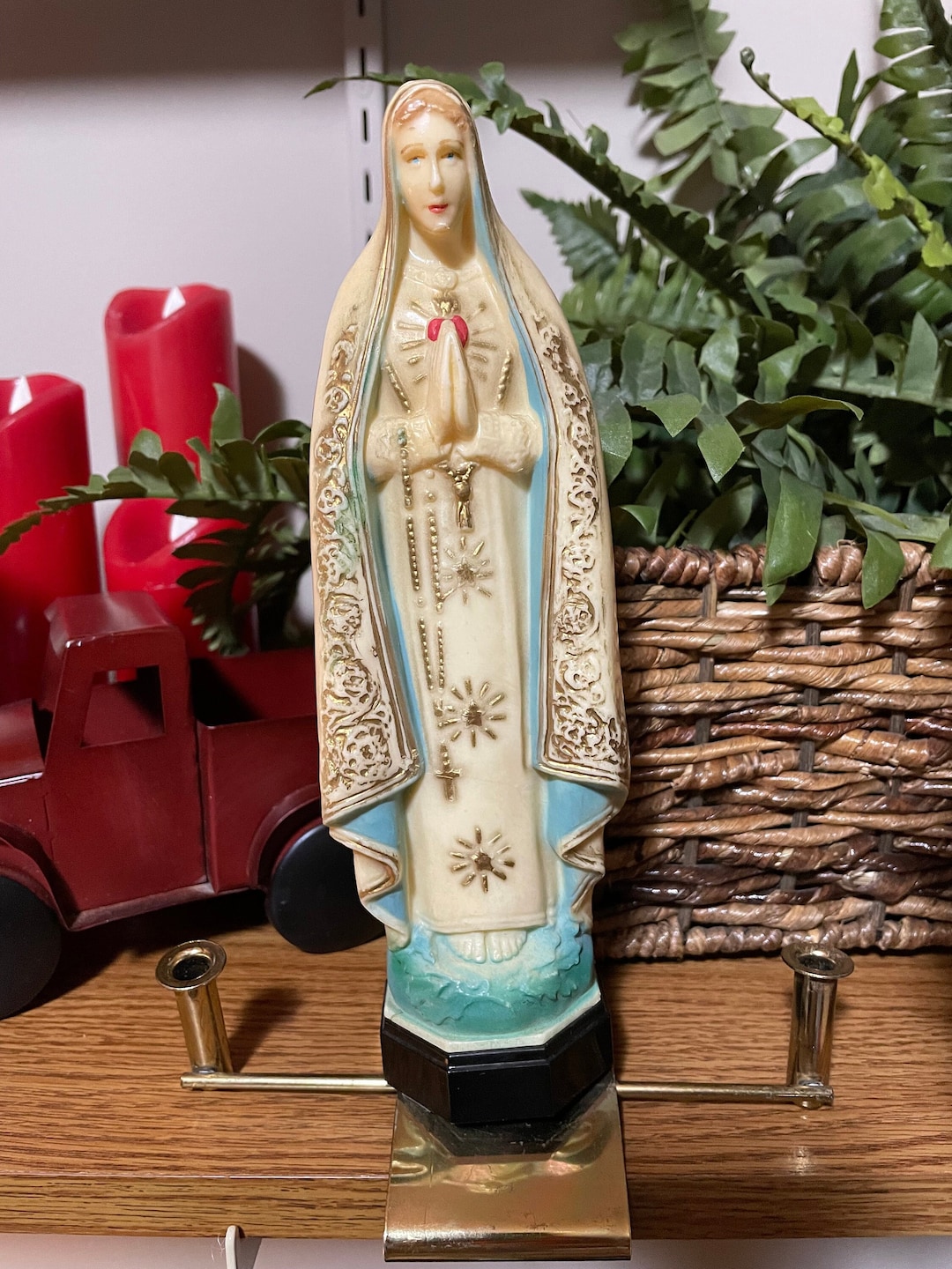 Vintage Plastic Virgin Mary Statue Rosary Holder, Candle Holder ...