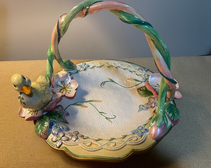 Fitz and Floyd Garden Rhapsody Large Basket 9” Tall in Box, Ceramic Basket With Duckling, Easter ...