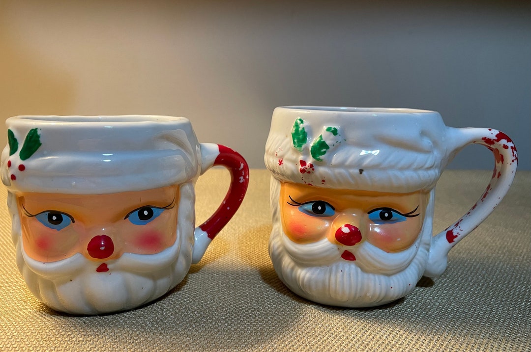 Set of 2 Vintage Santa Claus Face Ceramic Cups, Blue Eyes, Not Matching ...