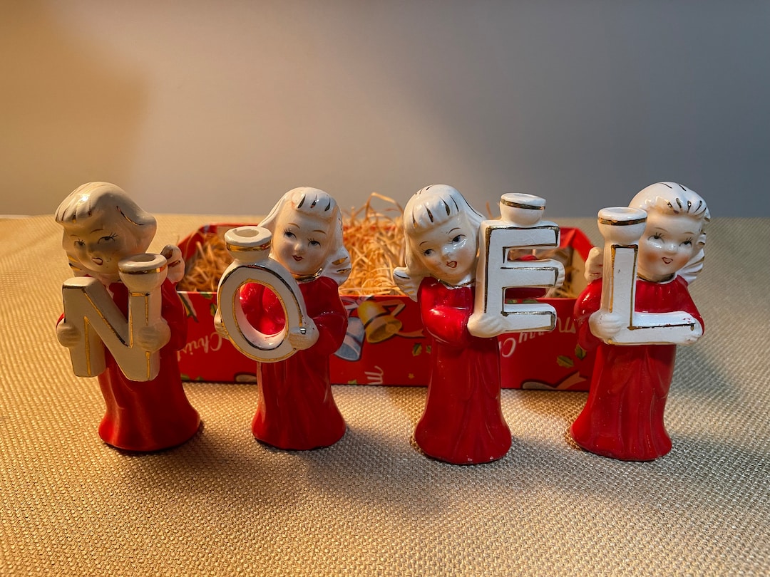 Vintage Porcelain Relco Red Noel Angels Christmas Candle Holders in Box ...