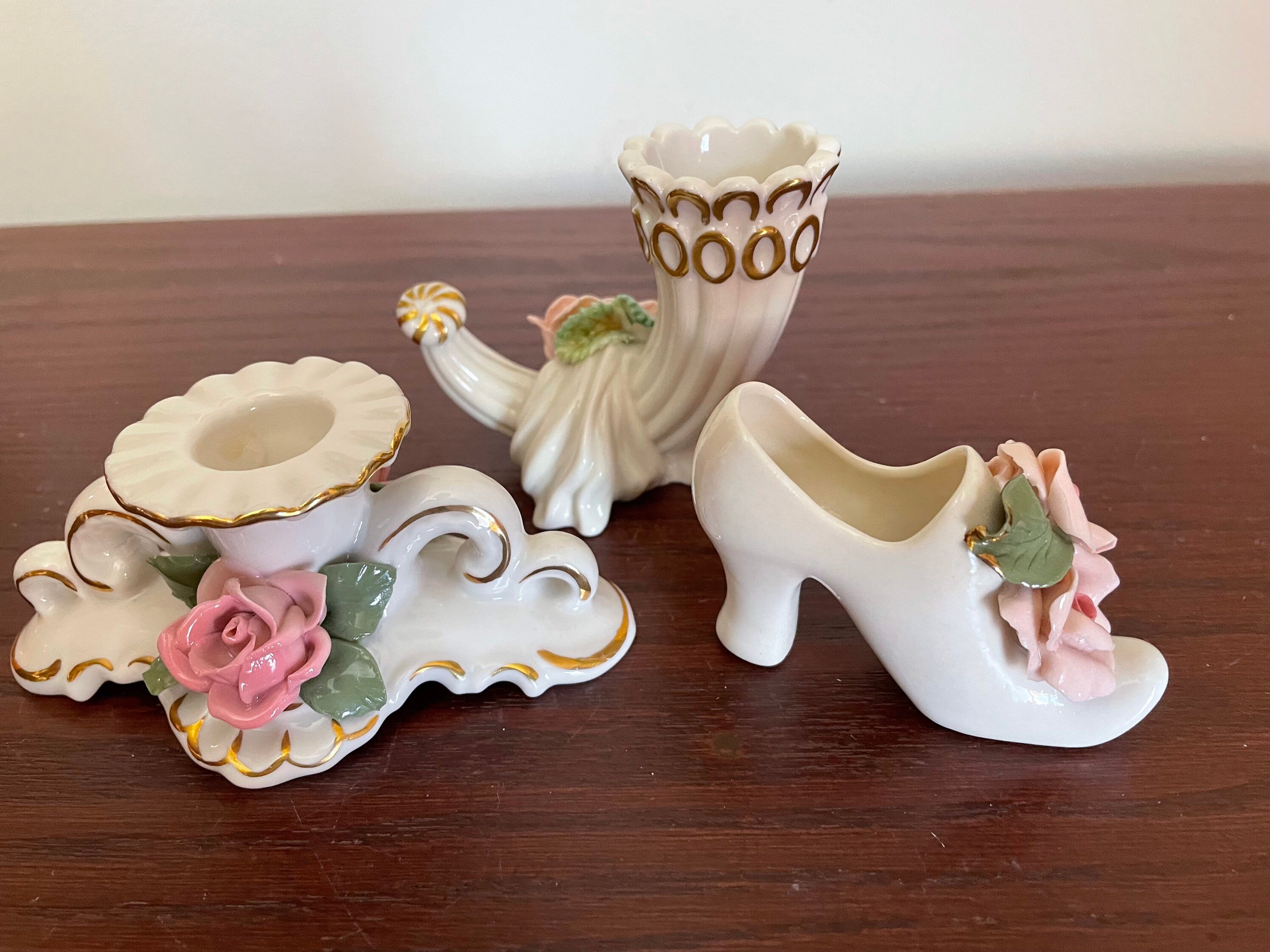 Set of Three Dresden Pink Roses Porcelain Accent Pieces - Etsy