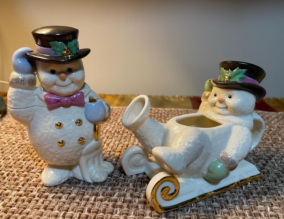 2002 Lefton the Snowman Sugar and Creamer Set, Porcelain Missing Spoon ...