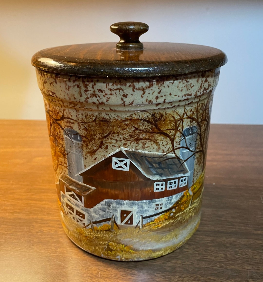 Vintage Repp 8” Tall Barn Farm Scene Pottery Canister, Farmhouse Barn ...