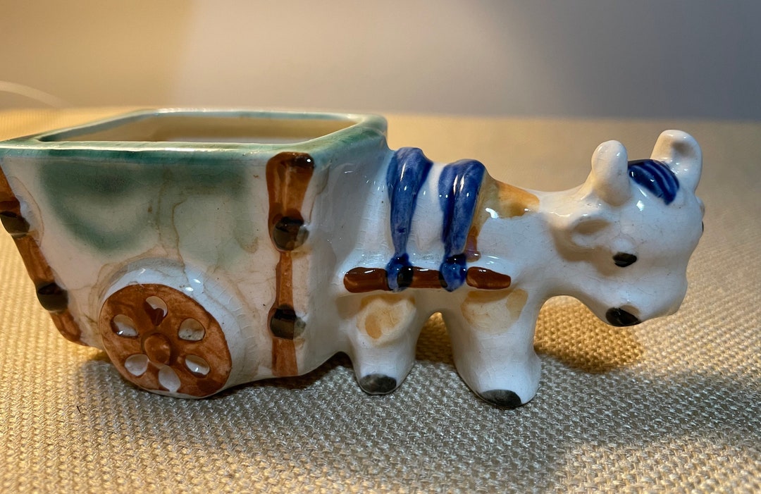 Vintage 1940s Occupied Japan Small Ceramic Cow Pulling Cart, 5” Long, 2 ...